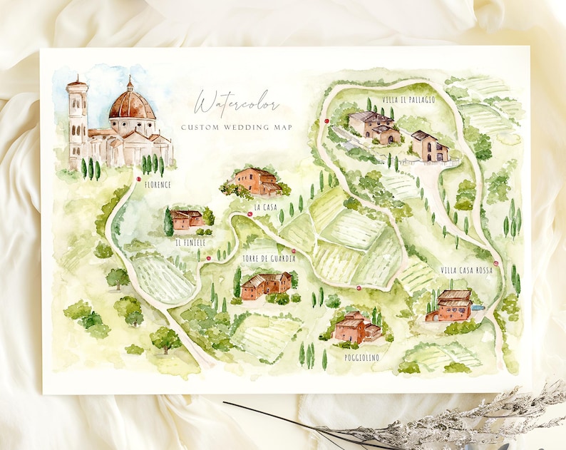 Custom Watercolor Wedding Map, Personalized Watercolor Wedding Venue ...