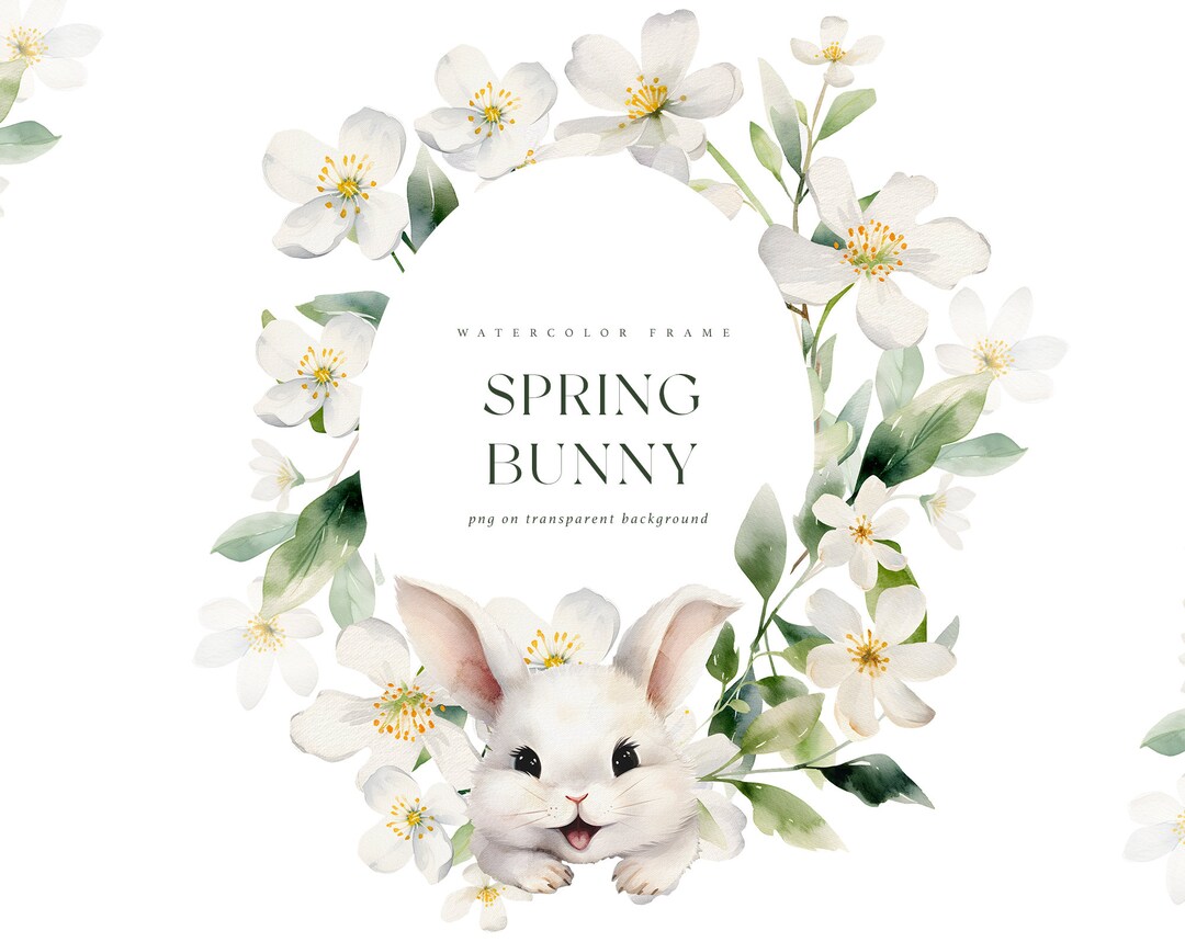 Watercolor Spring Bunny in White Flowers Frame, Watercolor Easter Frame ...