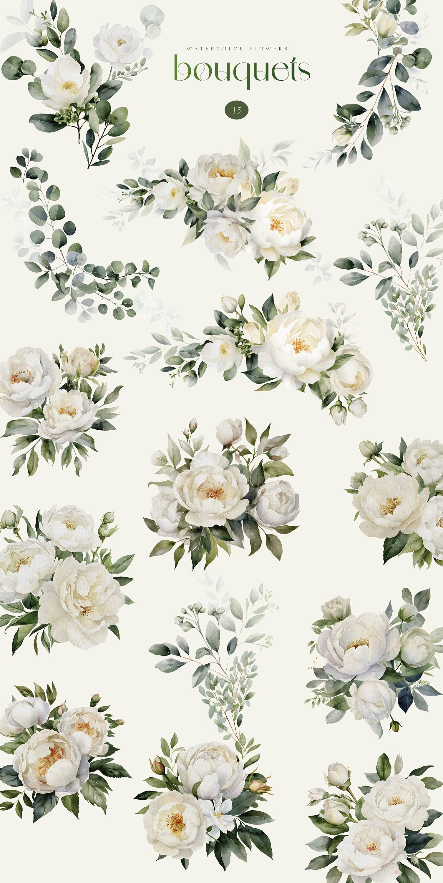 Watercolor White Peonies Clipart, Wedding White Flowers, Eucalyptus ...