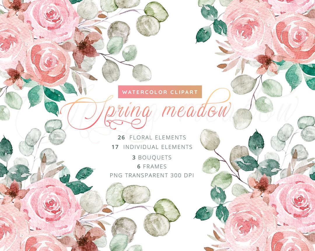 Watercolor Spring Summer Rose Clipart, Boho Floral Frame, Flower Border ...