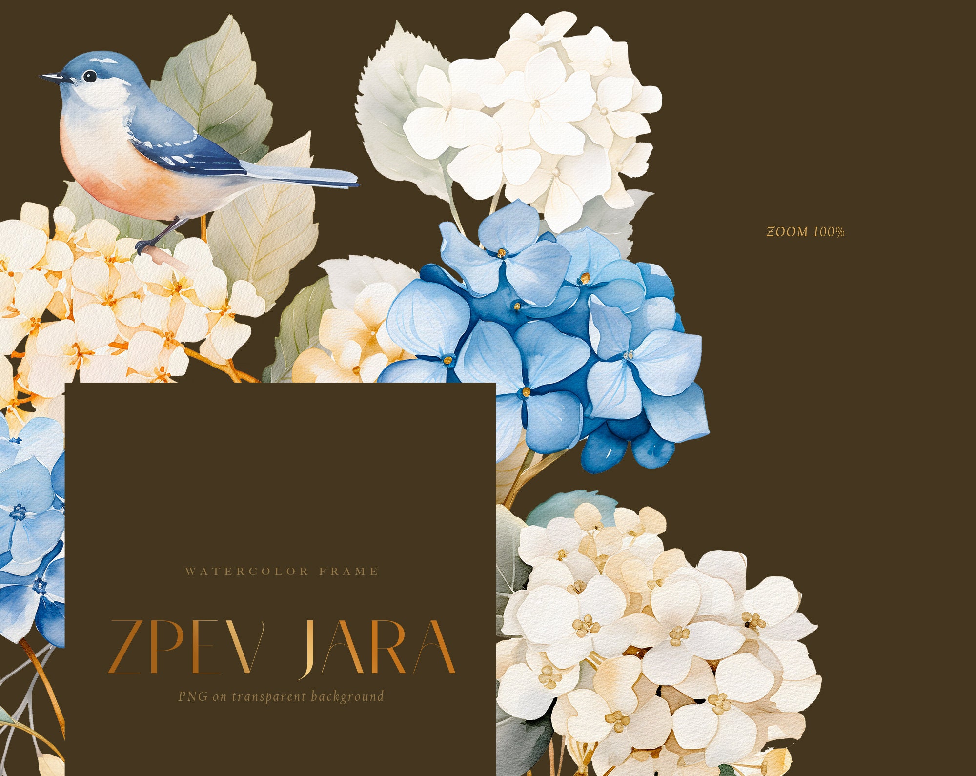 Watercolor Blue and White Hydrangea With Birds Frame, Navy Hydrangea ...