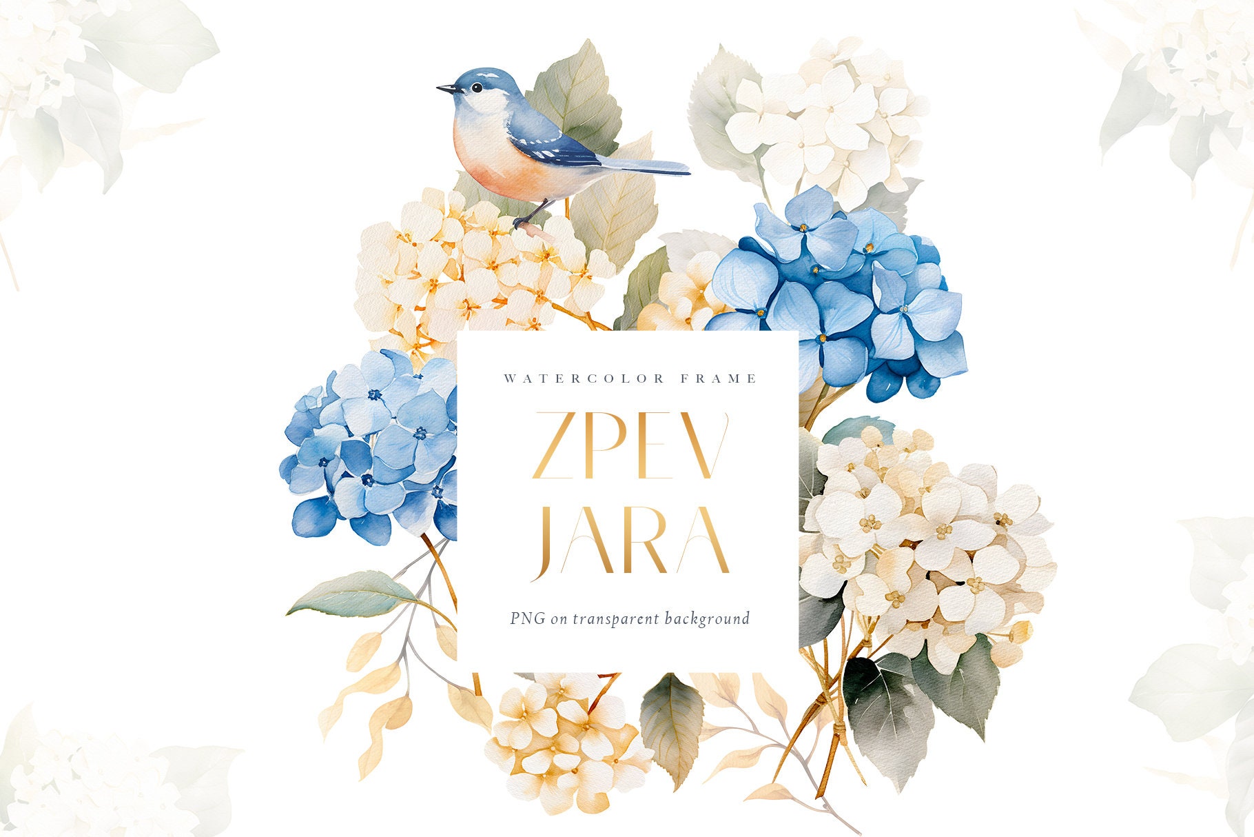 Watercolor Blue and White Hydrangea With Birds Frame, Navy Hydrangea ...