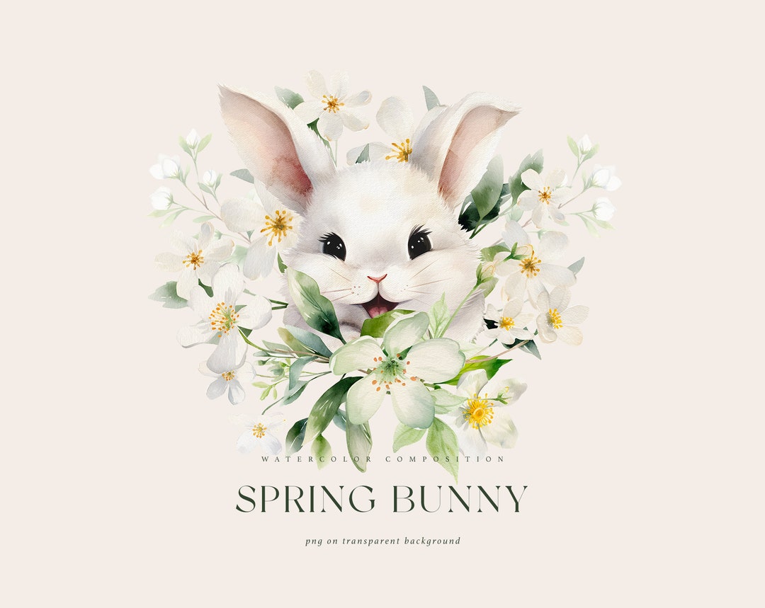 Watercolor Spring Bunny in White Flowers, Watercolor Easter Png, Easter ...