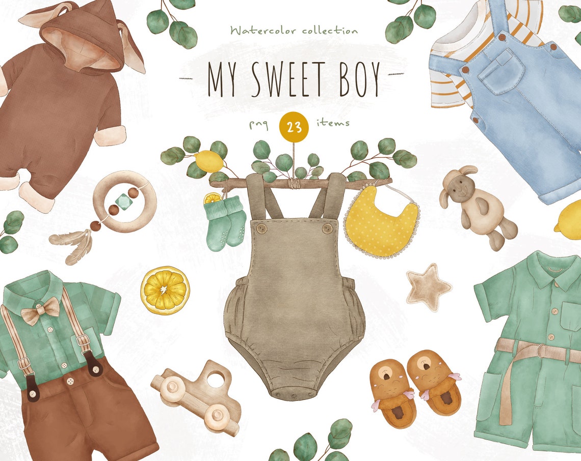 Boho Newborn Clipart, Nursery Printable Little Boys Room Art Watercolor ...