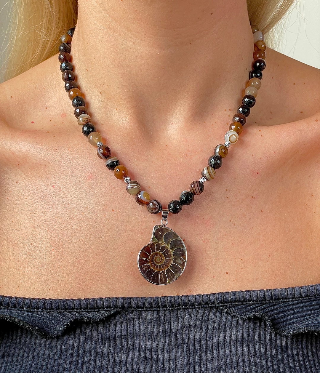 Brown Agate Stone Necklace, Ammonite Fossil Necklace, Handmade Necklace ...