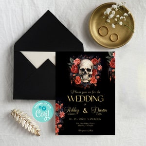 Gothic Rose and Skull Wedding Invitation Suite, Dark Floral Invitations, Editable Invitation ...