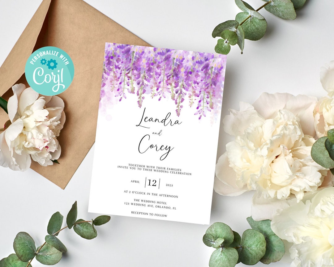 Wisteria Wedding Invitation Template, Purple Wedding Invitation, Lilac ...
