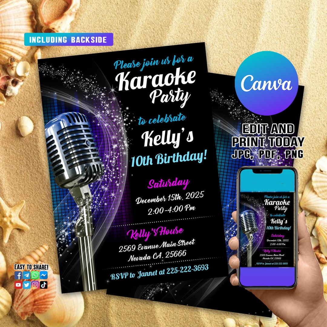 Editable Karaoke Party Birthday Invitation, Glow Karaoke Birthday Party ...