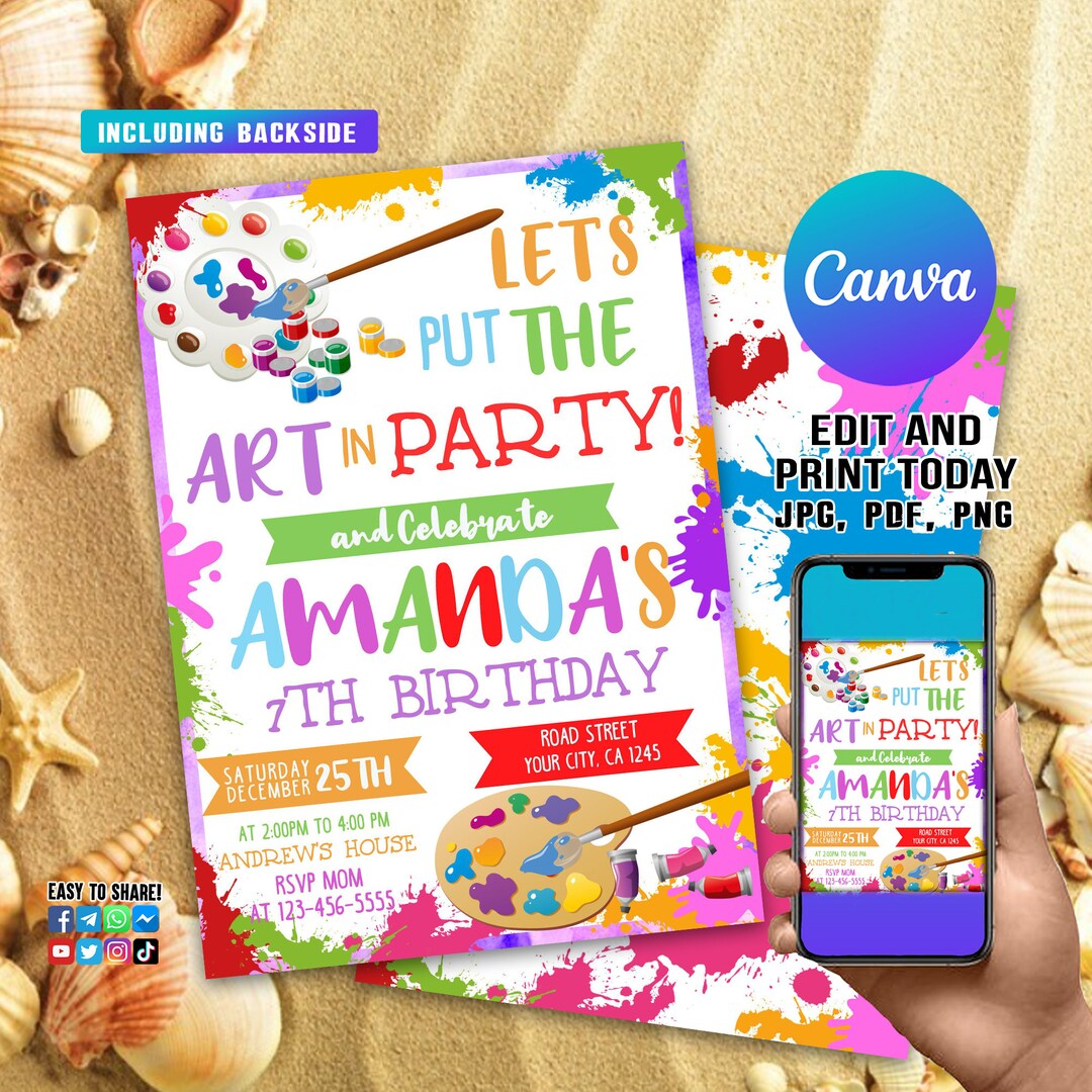 Editable Art Birthday Party Invitation, Arts Party Invite, Girl ...