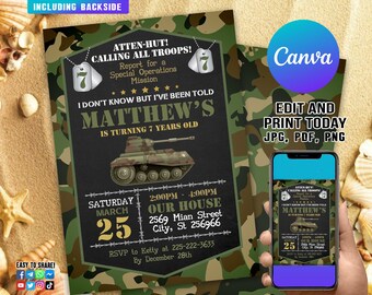Editable Military Party Invitations, Army Birthday Invitation, Soldier ...