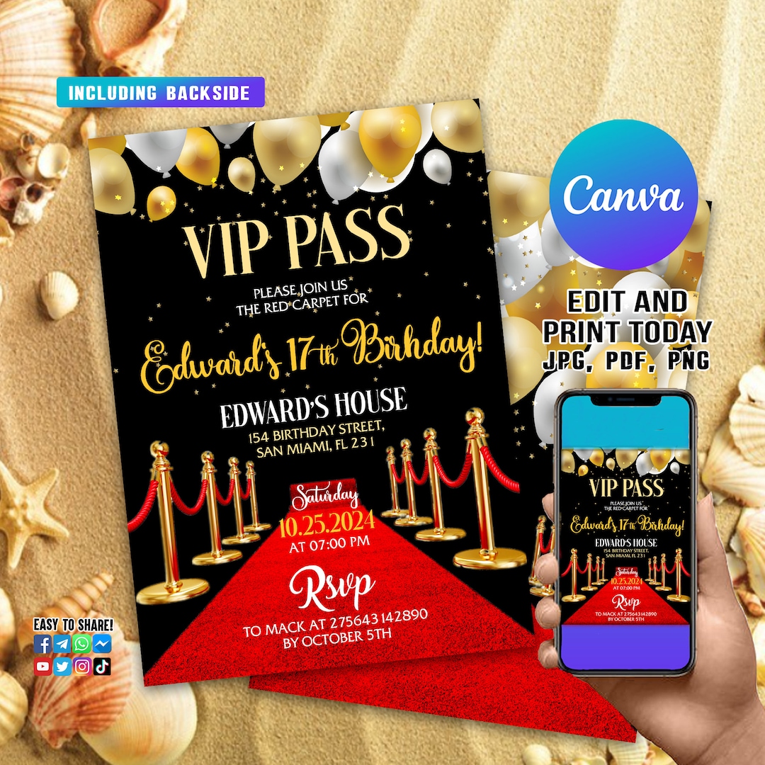 EDITABLE Red Carpet Birthday Invitation, Hollywood Movie Party Invite ...