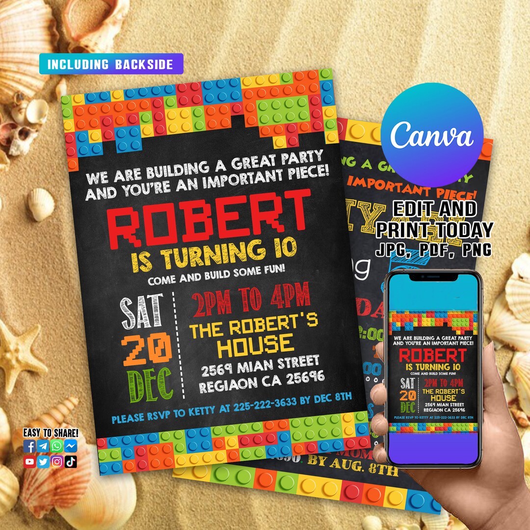 Editable Building Blocks Birthday Invitation Template, Printable ...