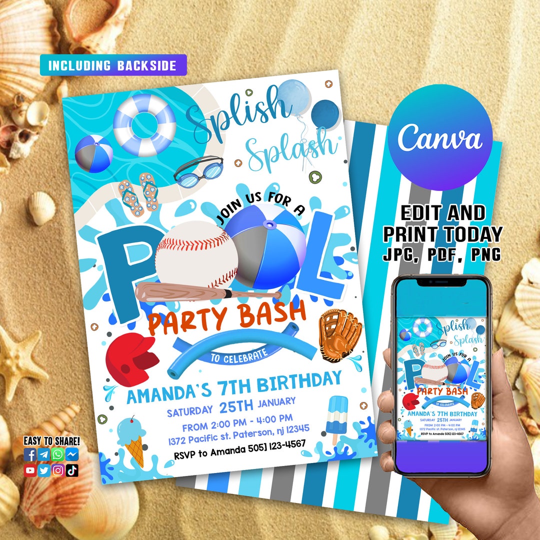 Editable Baseball Pool Birthday Party Invitation, Sports Birthday ...