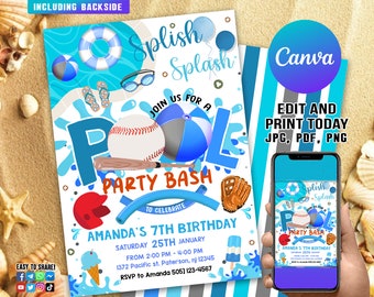 Baseball Birthday Pool Party Invitation Printable Editable Instant ...