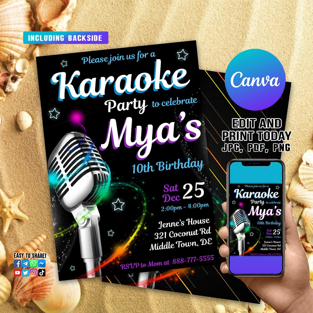 Editable Karaoke Party Birthday Invitation, Glow Karaoke Birthday Party ...