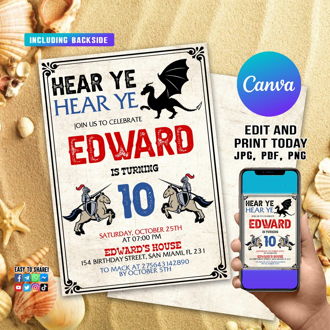 Editable Knight Invitation, Knight Birthday Party Invites, Royal ...