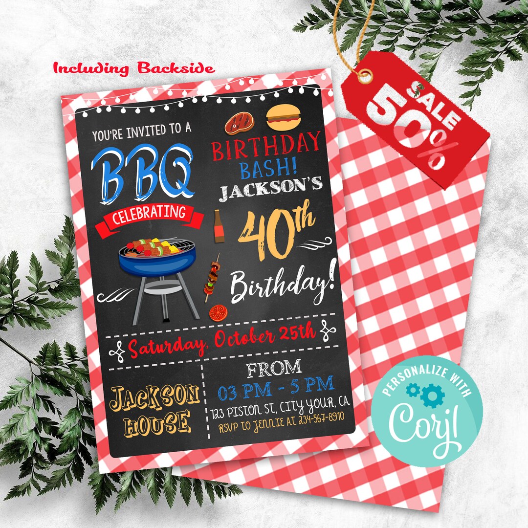 BBQ Birthday Party Invitation, 40th Birthday Invitation, Backyard Bar B ...