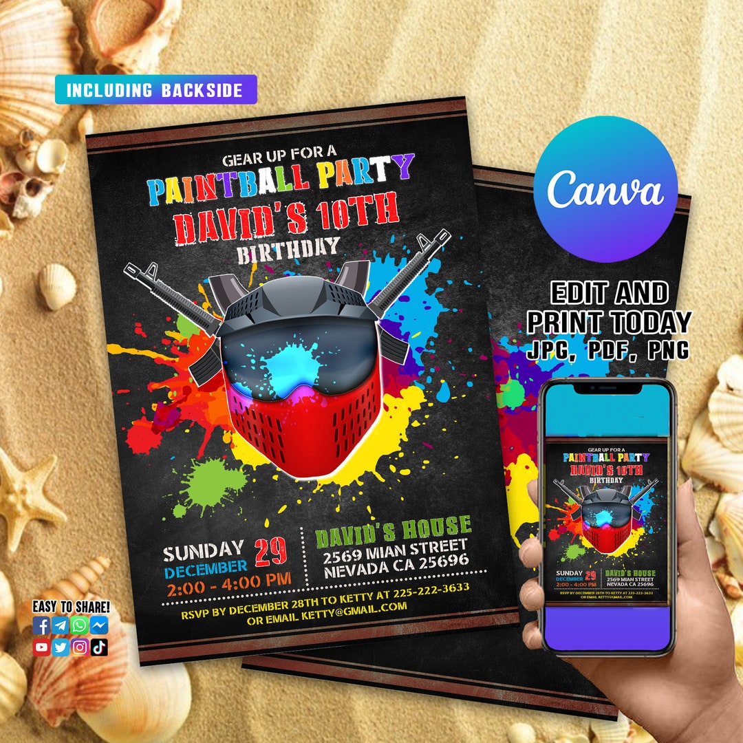 Paintball Invitation, Paintball Battle Editable Birthday Invite, Paint ...