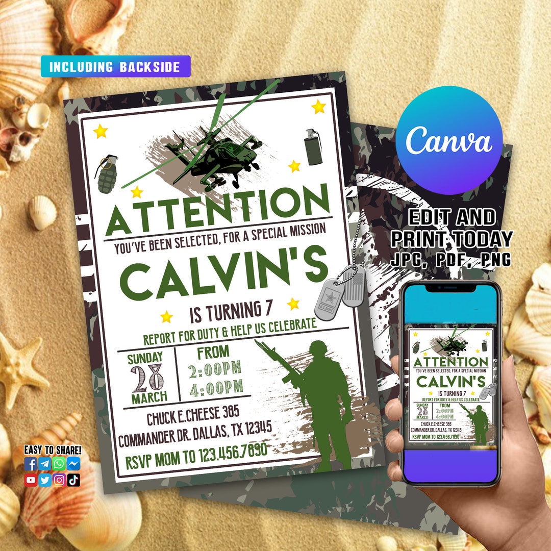 Editable Military Party Invitations, Army Birthday Invitation, Soldier ...