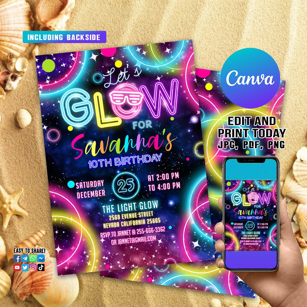 Editable Glow Party Birthday Invitation, Glow Invitation, Glow Party ...