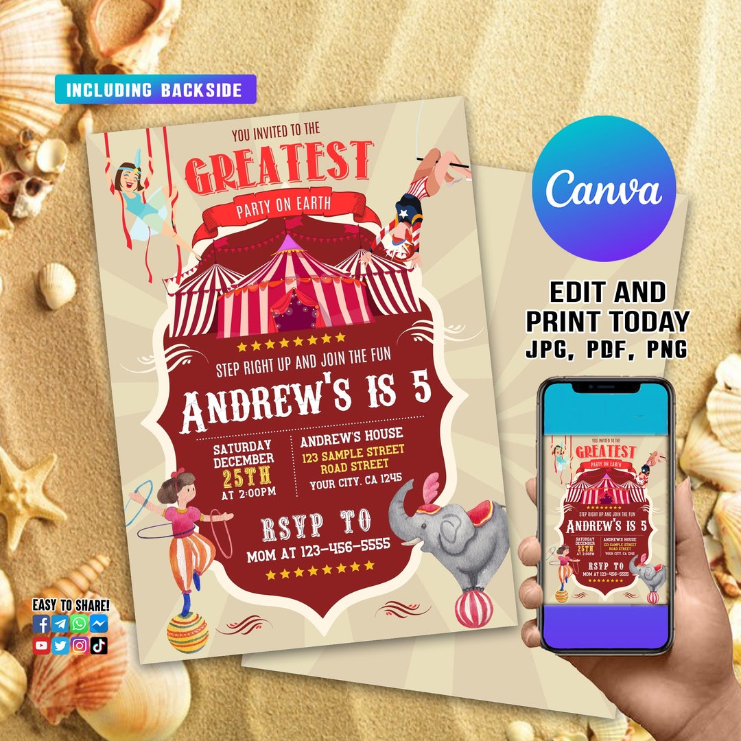 Editable Circus Birthday Invitation, Circus Invitation, Carnival ...