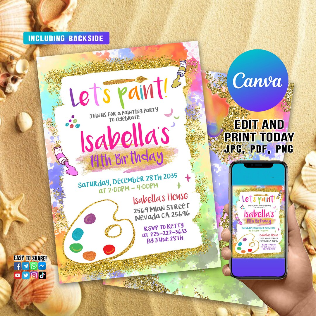 Editable Art Birthday Party Invitation, Arts Party Invite, Girl ...