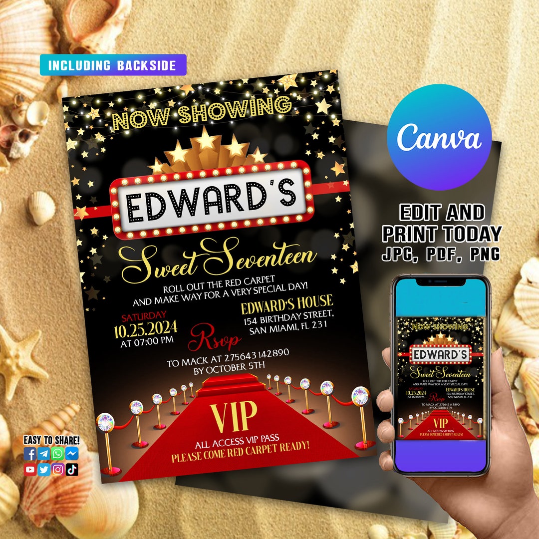 EDITABLE Red Carpet Birthday Invitation, Hollywood Movie Party Invite ...