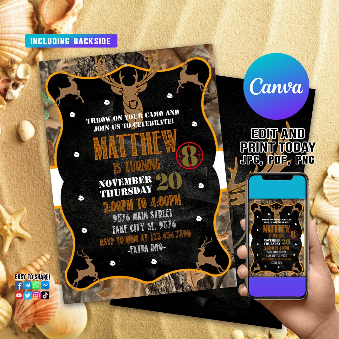 Hunting Birthday Party Invitation, Hunting Birthday Invitation, Deer ...