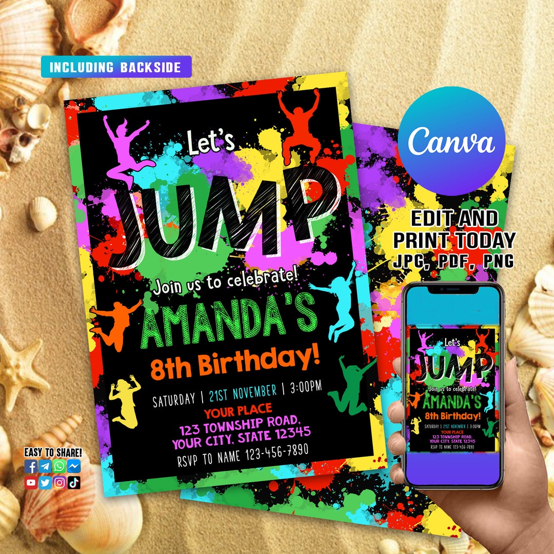 Editable Jump Party Birthday Invitation, Glow Trampoline Party Neutral ...