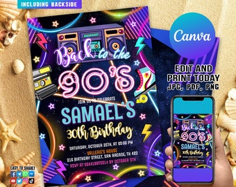 Editable 80s Birthday Party Invitation Back to the 80s Neon Retro ...