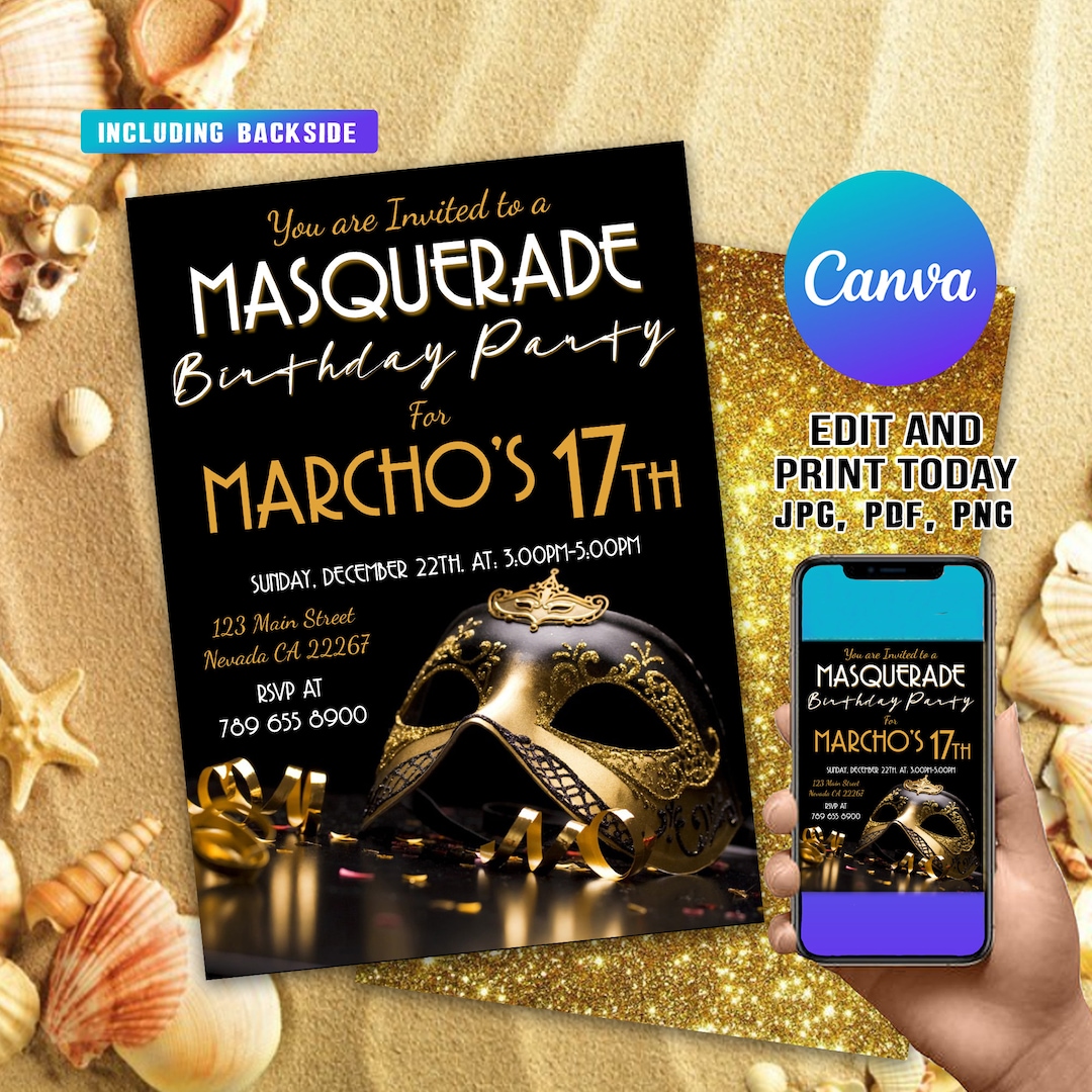 Masquerade Birthday Party Invitation, Mask Birthday, Birthday Party ...