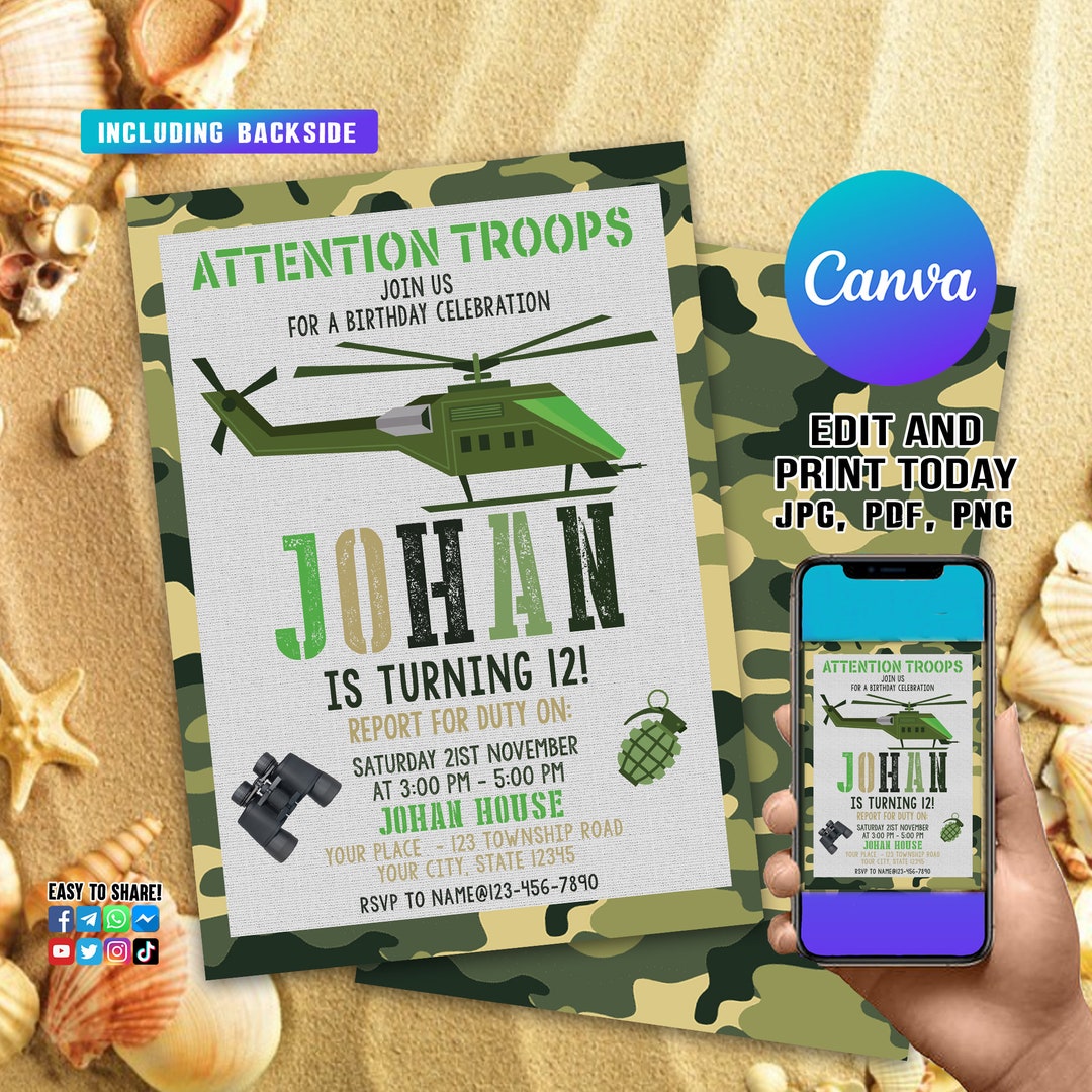 Editable Military Party Invitations, Army Birthday Invitation, Soldier ...