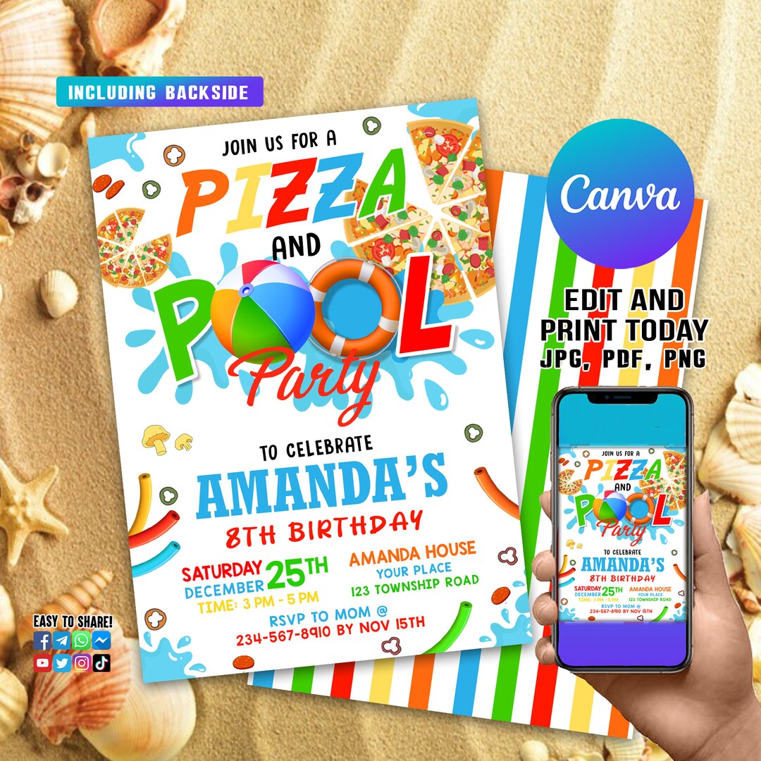 Pizza Pool Party Invitation, Boy Pool Party, Pizza and Pool Party ...