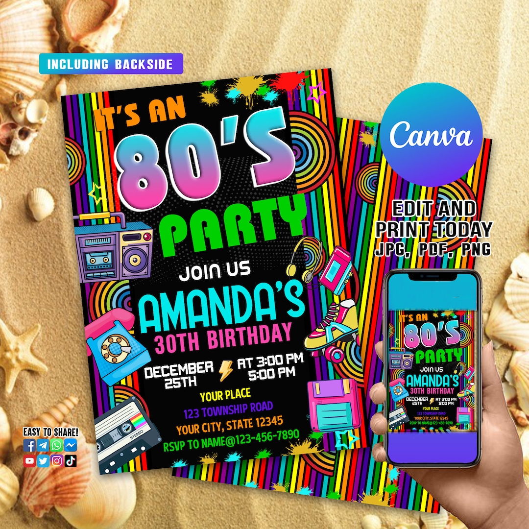 Editable 80s Birthday Party Invitation 90s Party Glow Dance Disco 2000s ...