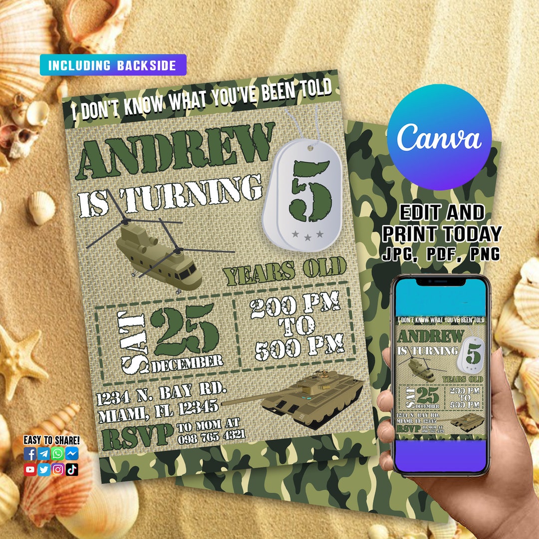 Editable Military Party Invitations, Army Birthday Invitation, Soldier ...