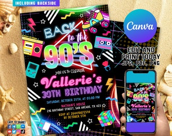 Editable 80s Birthday Party Invitation Back to the 80s Neon Retro ...