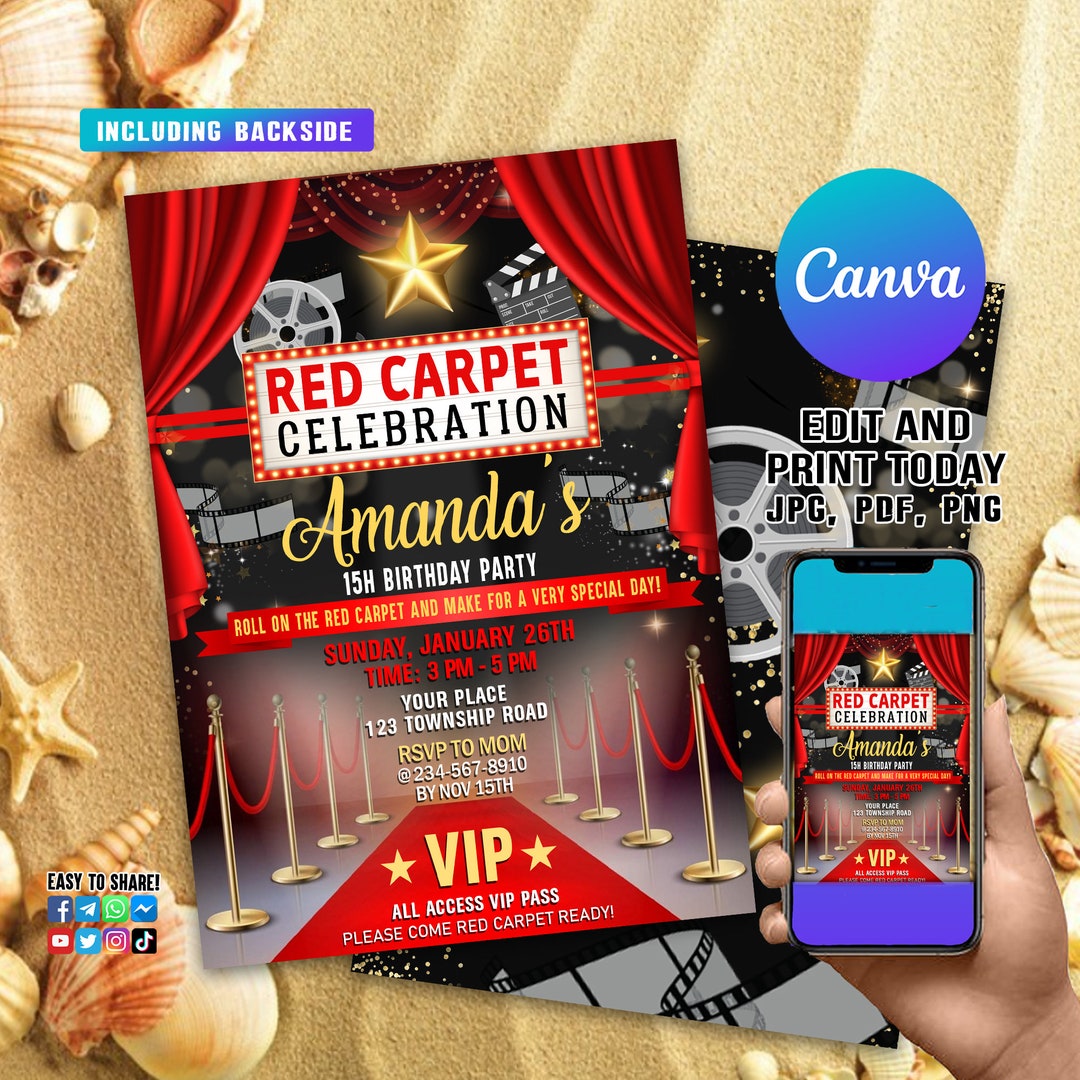 EDITABLE Red Carpet Birthday Invitation, Red CARPET Invite, Hollywood ...