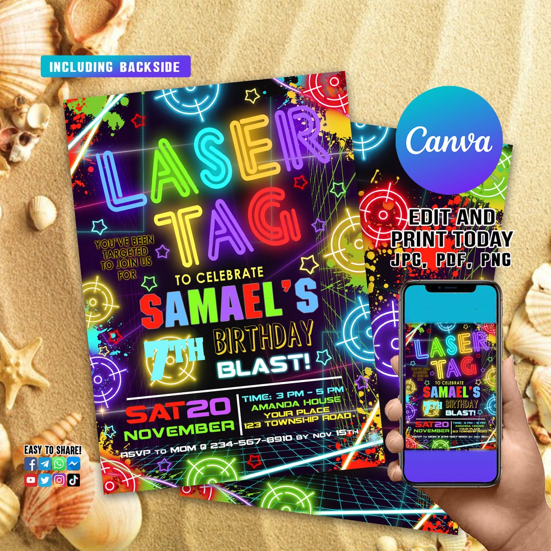 Editable Laser Tag Birthday Invitation, Neon Laser Tag Invite, Glow ...