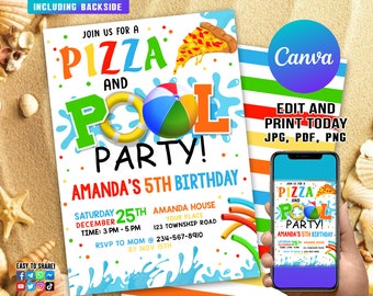 Pizza Pool Party Invitation, Pool Party Invitation, Pizza and Pool ...