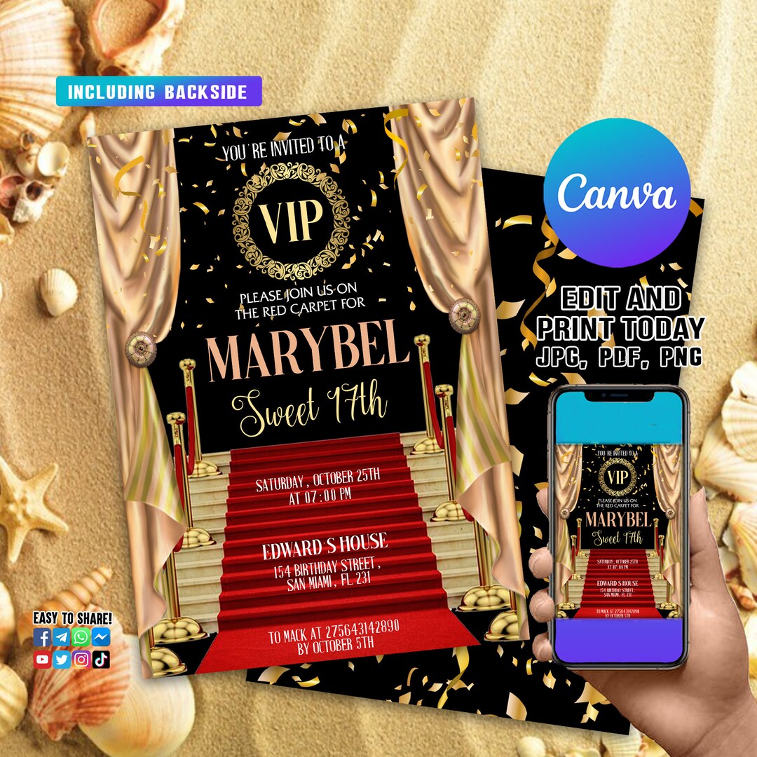 EDITABLE Red Carpet Birthday Invitation, Hollywood Movie Party Invite ...