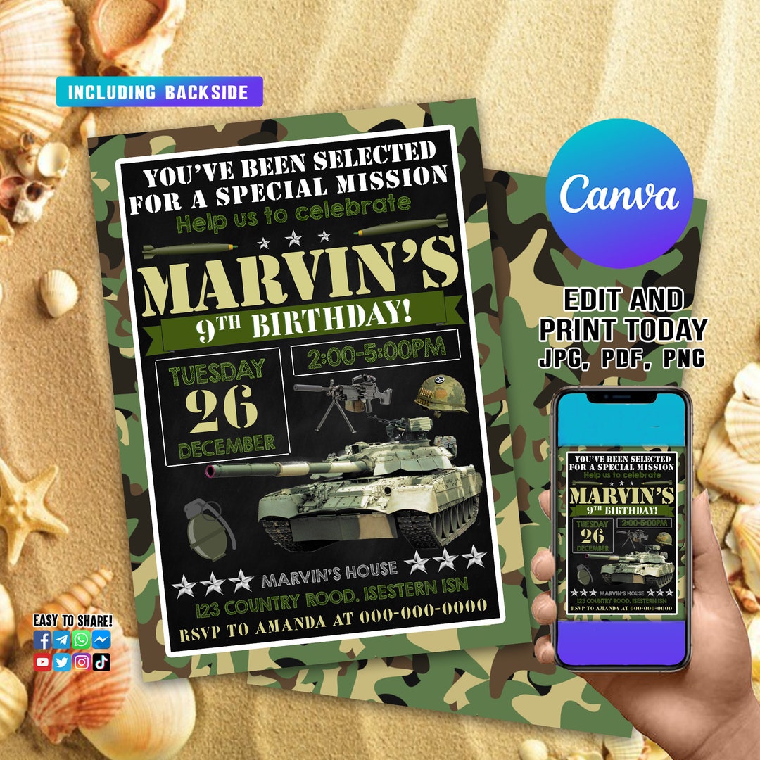 Editable Military Party Invitations, Army Birthday Invitation, Soldier ...