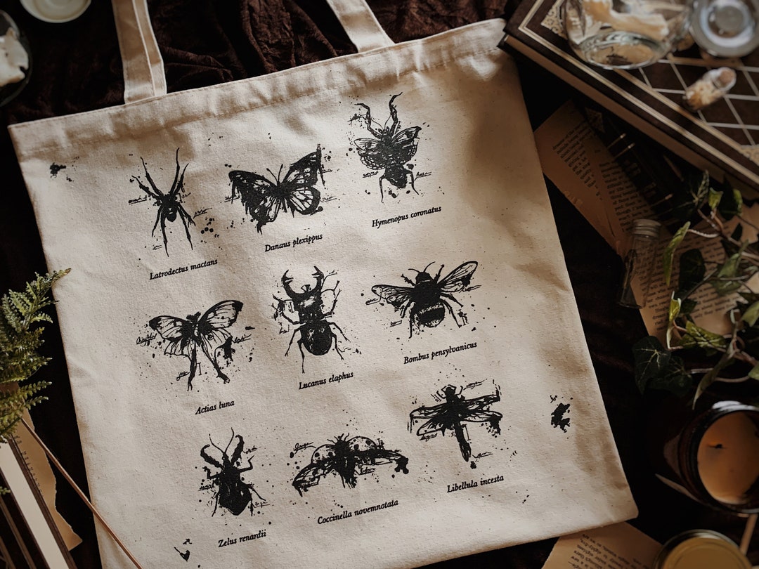 Insect Botanical Tote Bag, Dark Academia Bag, Bookish Gift, Canvas Tote ...