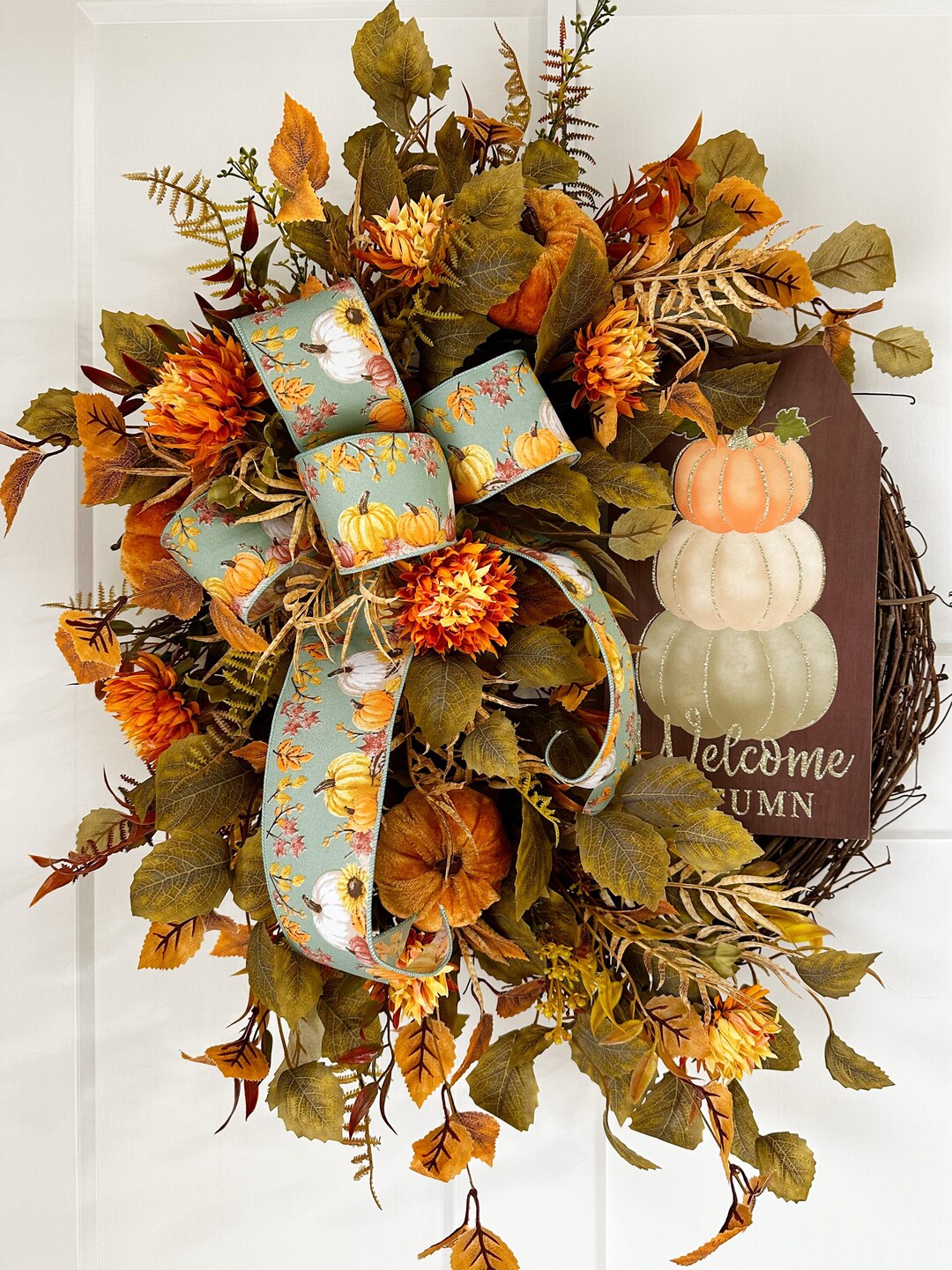 Autumn Welcome Wreath: Velvet Pumpkins and Mums, Fall Door Decor - Etsy