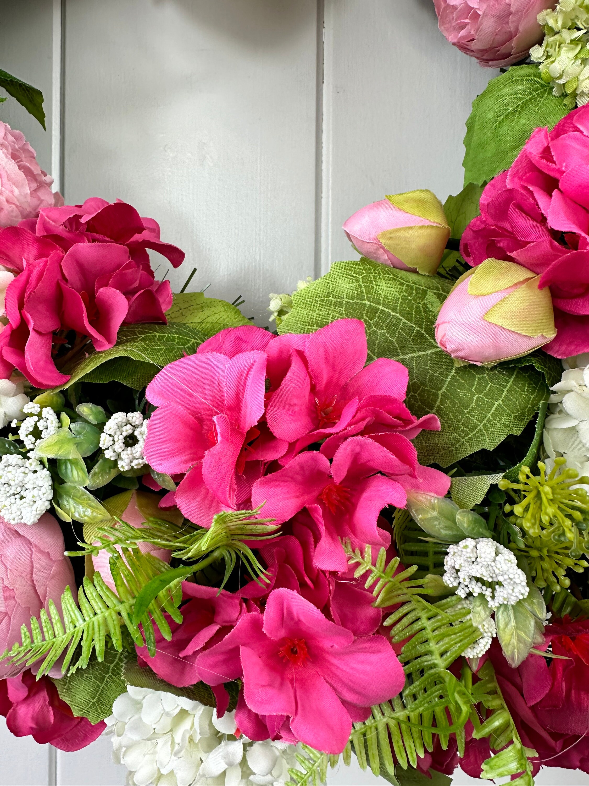 Bright Pink Geranium for Entry Door, Summer Decor, Hydrangea Wreath ...