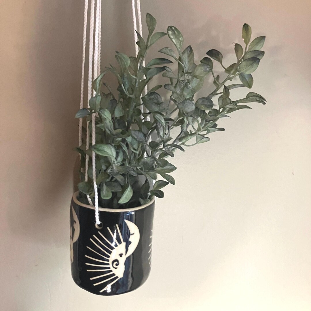 Ceramic Planter, Moon and Sun Design, Eclipse in Black, Illustration, Pottery, Slab Clay, Plant ...