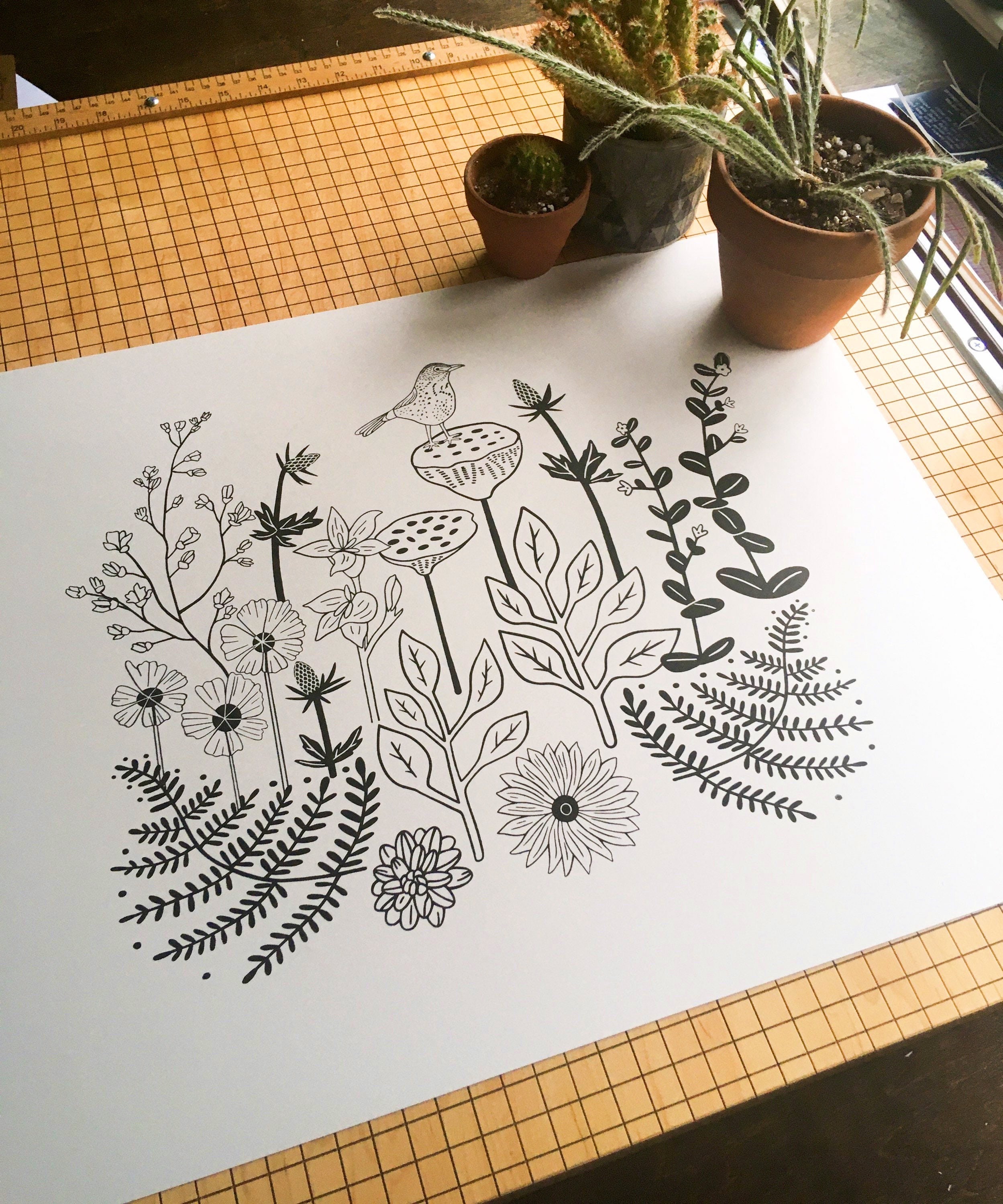 Floral Scape, botanical, flower, bird, design, floral, plant, print ...