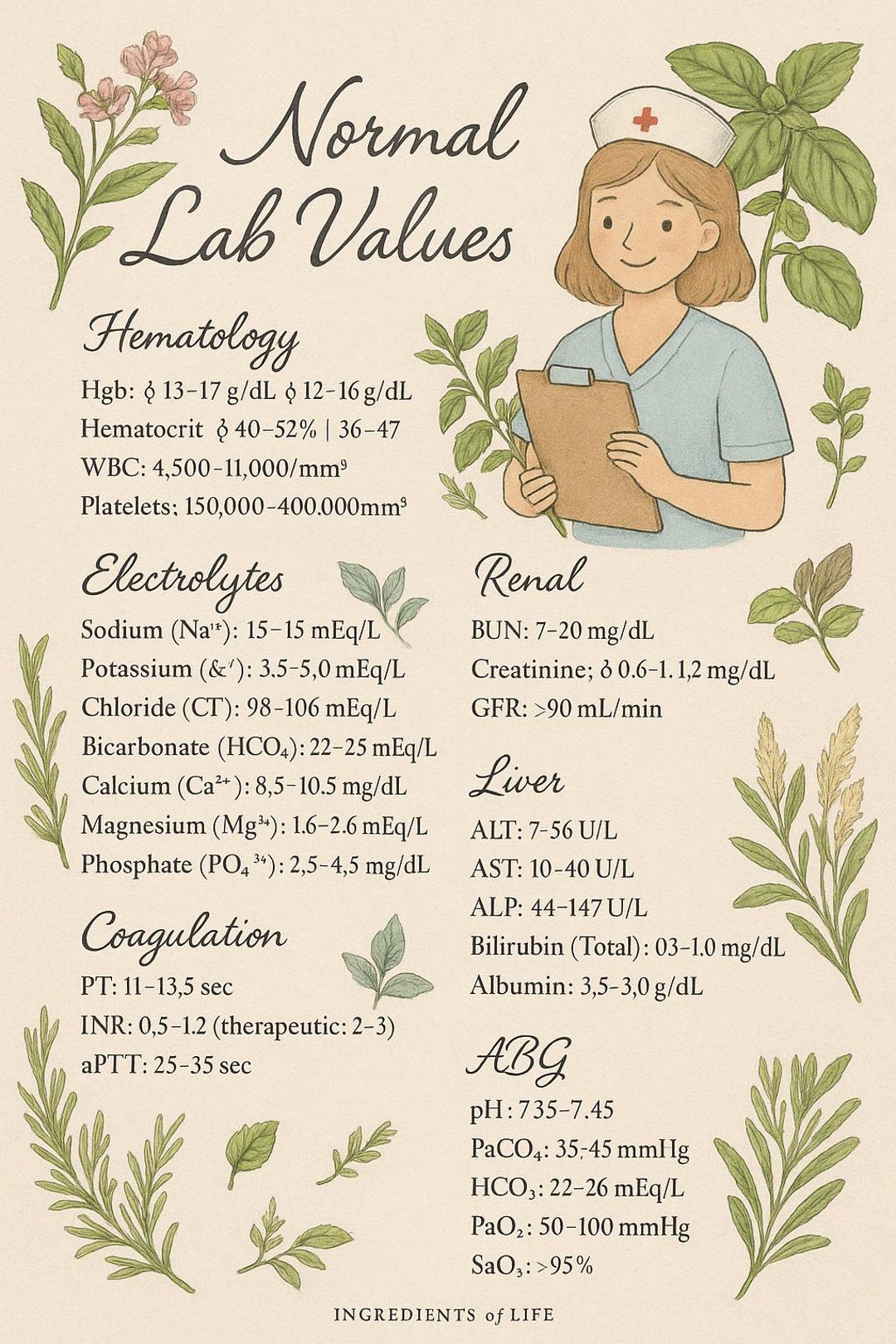 Nursing Lab Values Cheat Sheet | Cute Nurse Themed | Printable Study ...