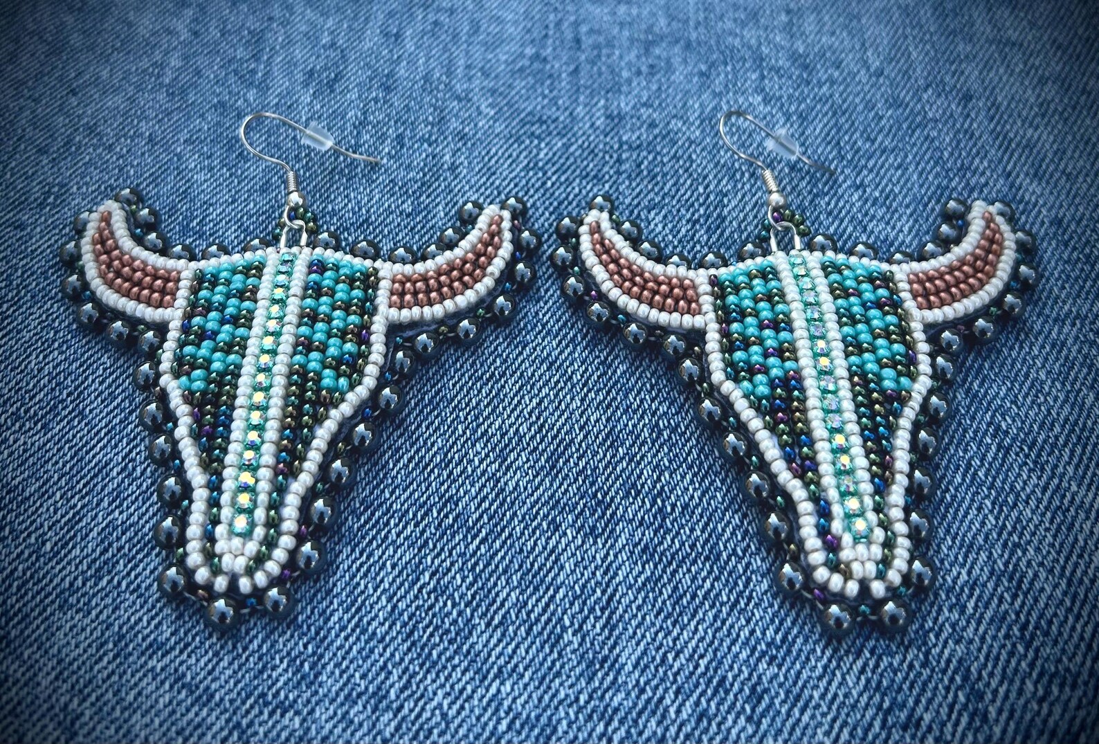 Turq/cream Cow Skull Beaded Earrings. - Etsy