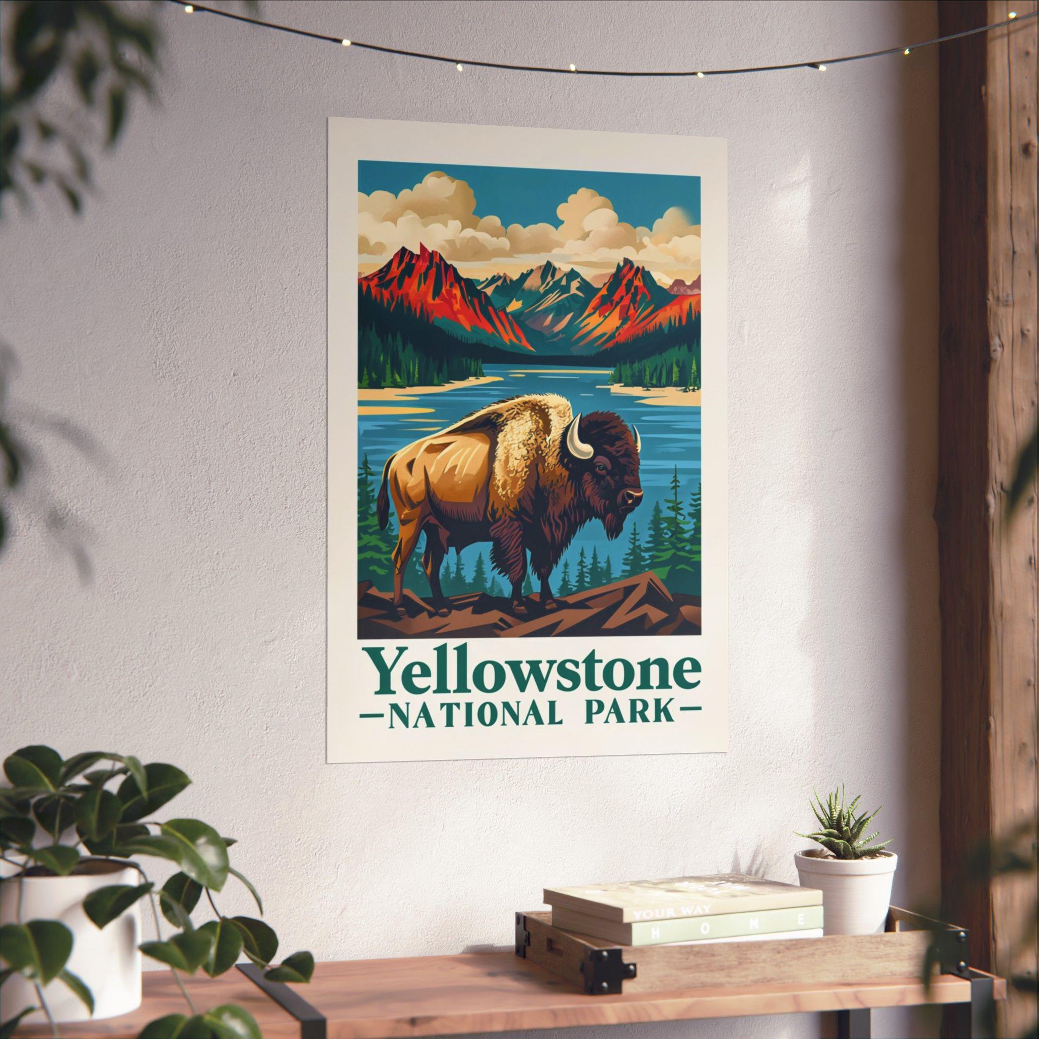 Yellowstone National Park Wall Art Poster, Vintage Nature Decor, Bison ...