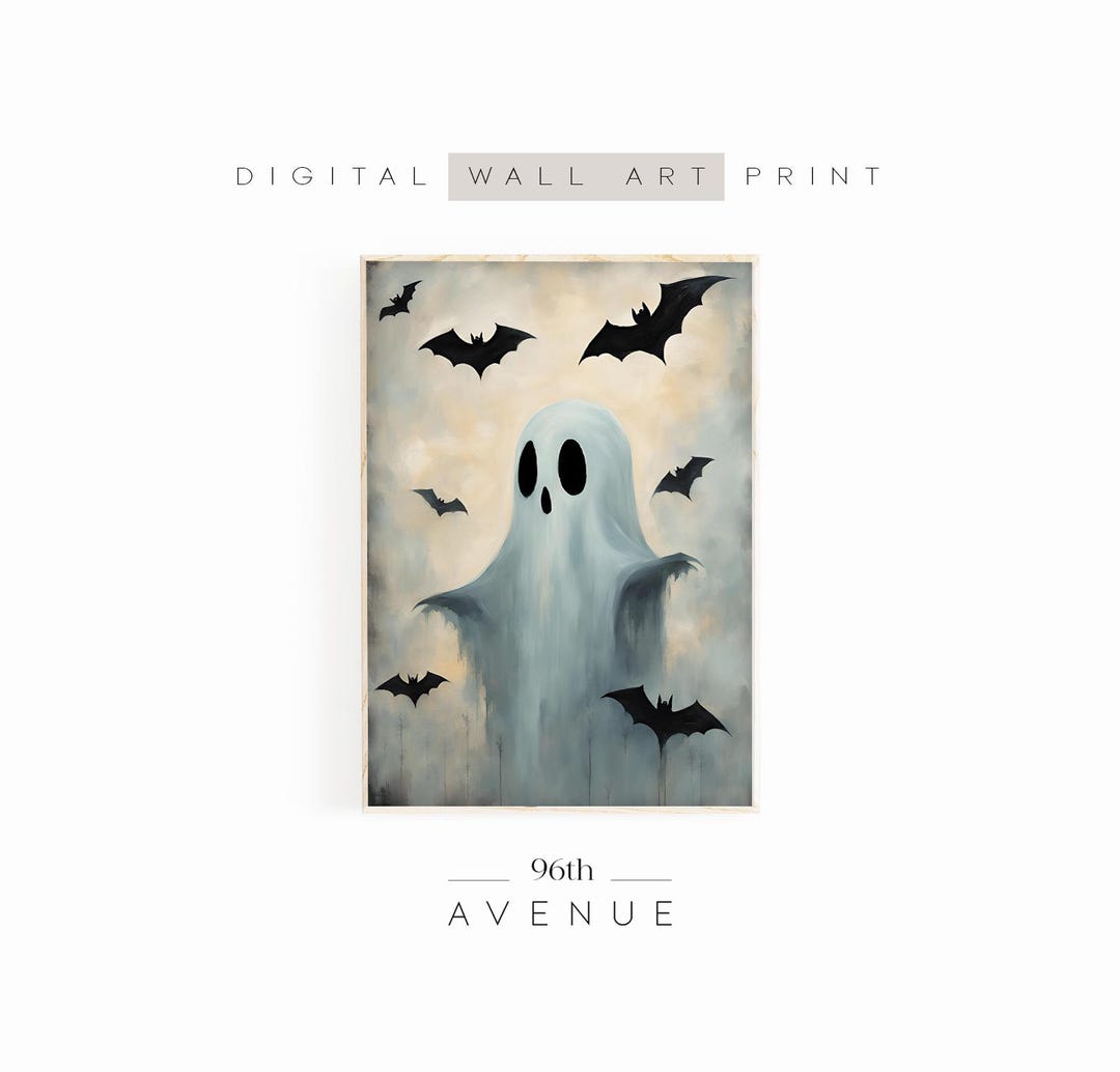 Ghost and Bats Printable Wall Art | Spooky Halloween Wall Decor | Cute ...